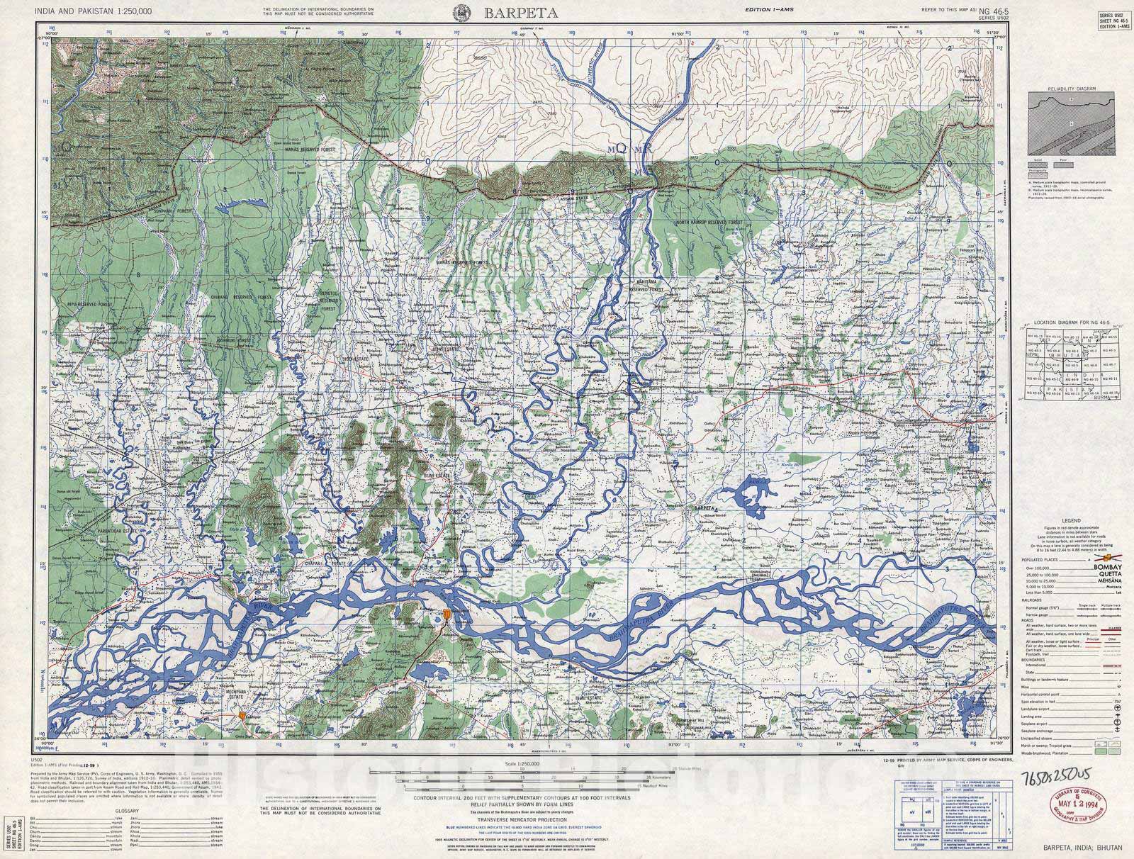 Historic 1955 Map - India and Pakistan 1:250,000. - Barpeta, India, Bh ...