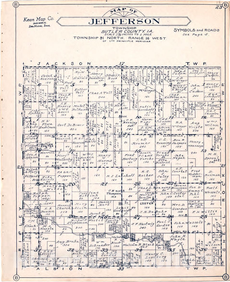 Historic 1930 Map - Atlas of Butler County, Iowa. - Map of Jefferson T ...