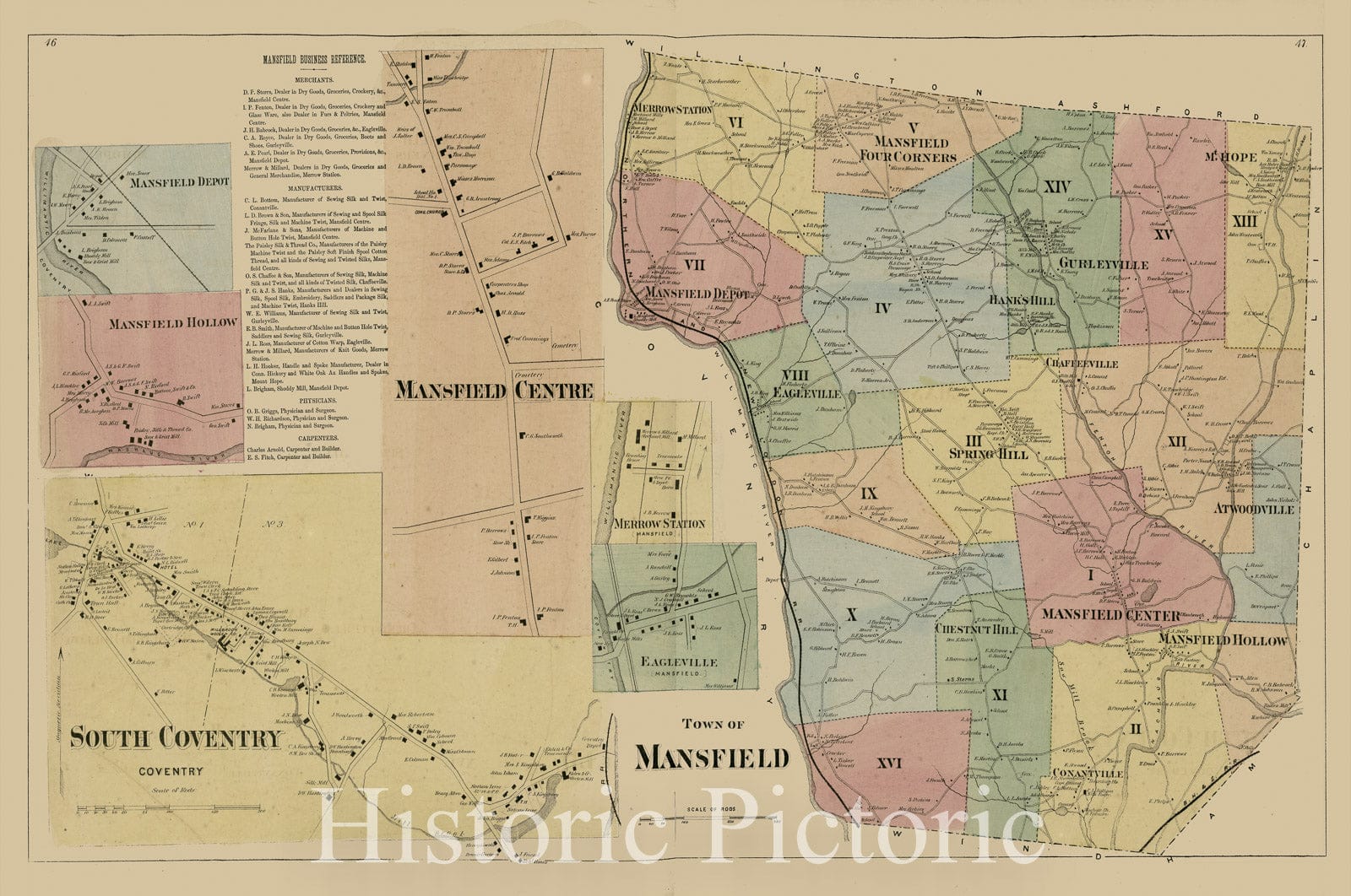 Historic 1869 Map - Atlas of Hartford and Tolland Counties - Mansfield ...