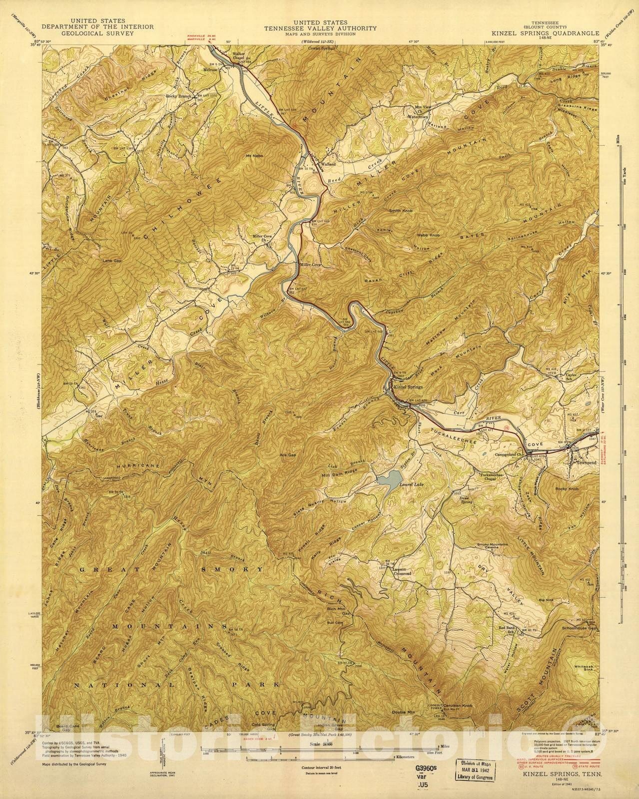 Historic 1935 Map - Tennessee. - Scale 1:24,000 (1941) - Kinzel Spring ...