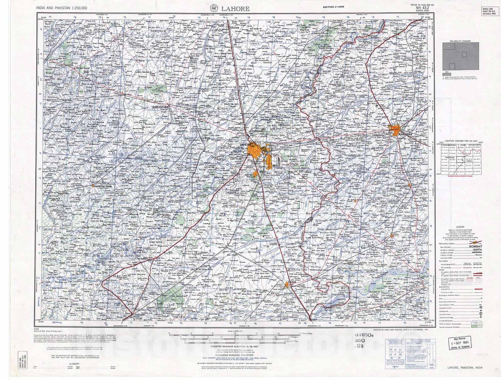 Historic 1955 Map - India and Pakistan 1:250,000. - Lahore, Pakistan ...