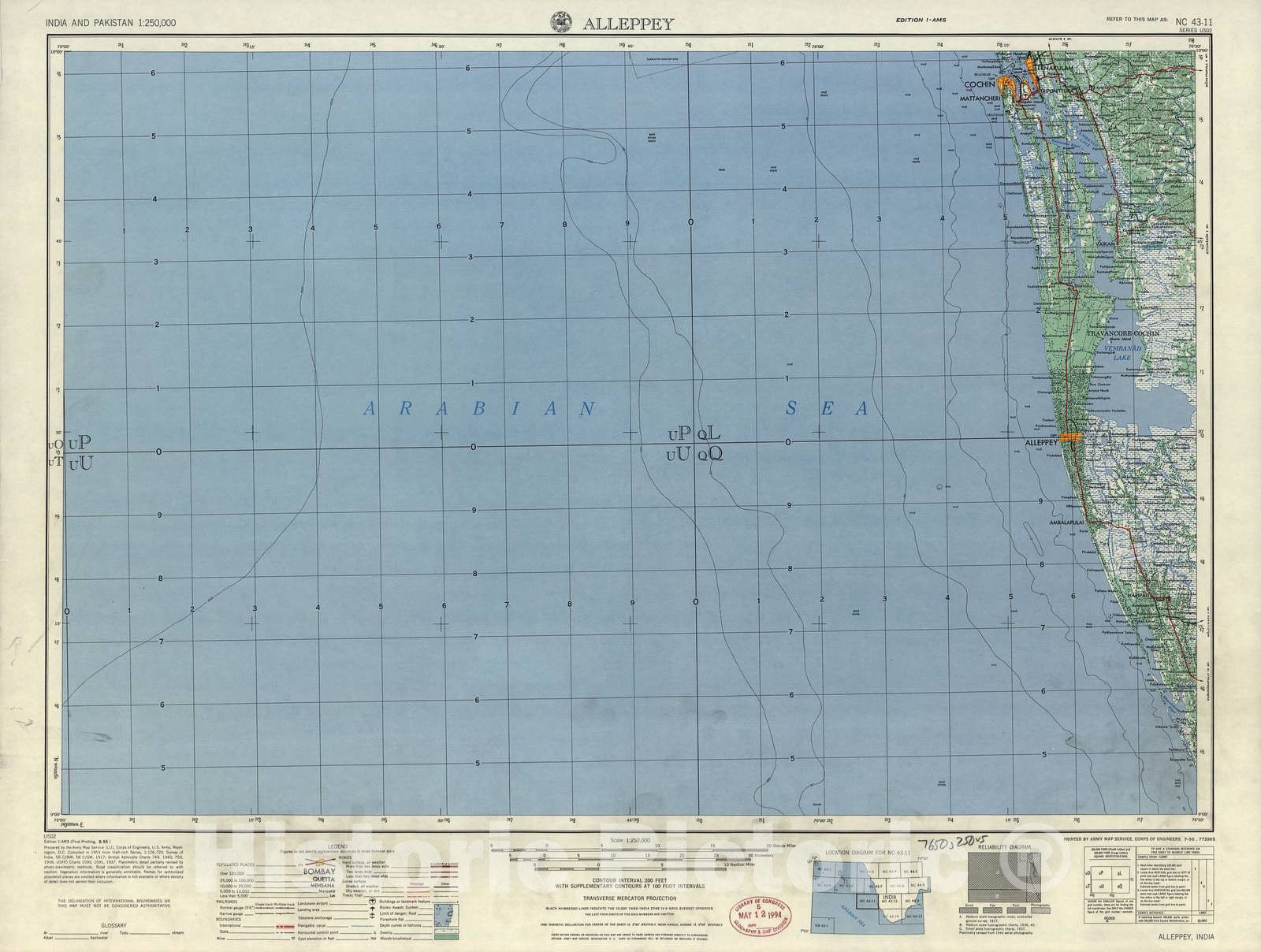 Historic 1955 Map - India and Pakistan 1:250,000. - Alleppey, 1955 ...