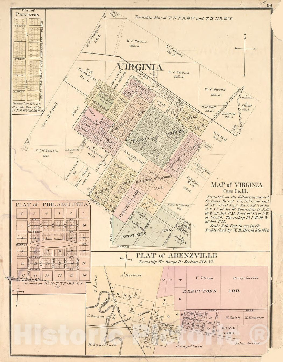 Historic 1874 Map - Illustrated Atlas map of Cass County, Illinois - S ...