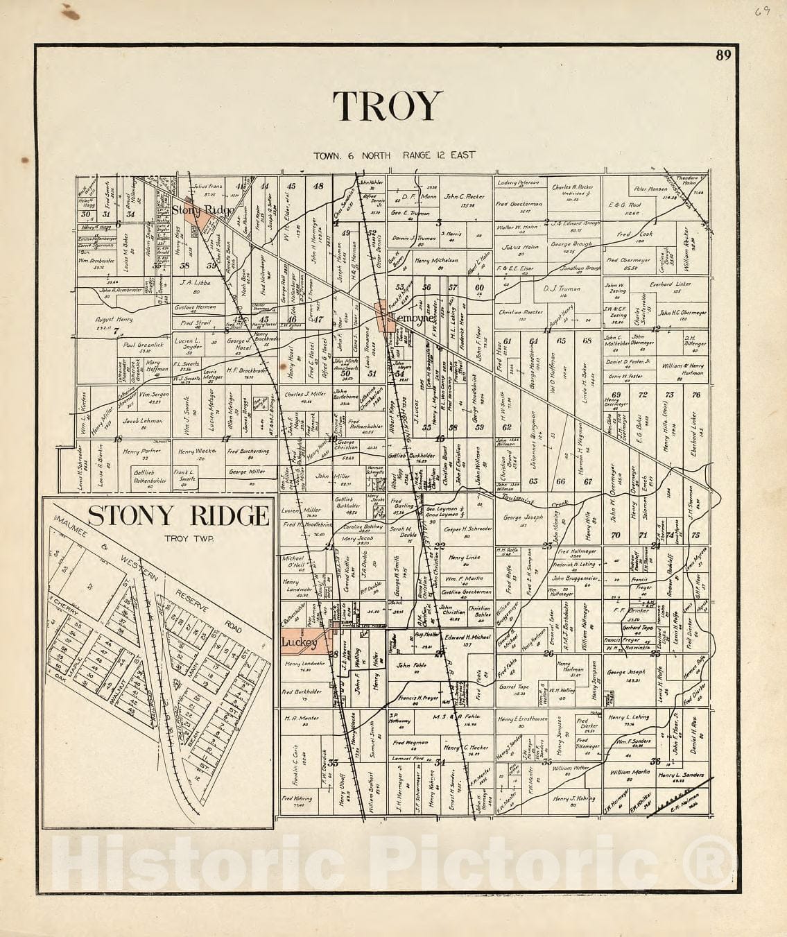 Historic 1912 Map - an Atlas of Wood County, Ohio - Troy; Stony Ridge ...