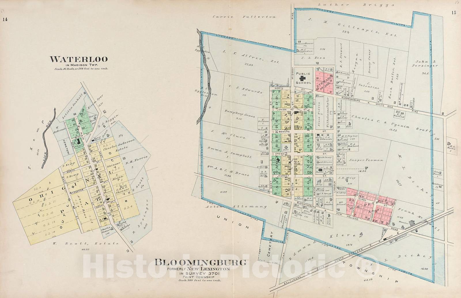 Historic 1913 Map - Plat Book of Fayette County, Ohio - Waterloo; Bloo ...