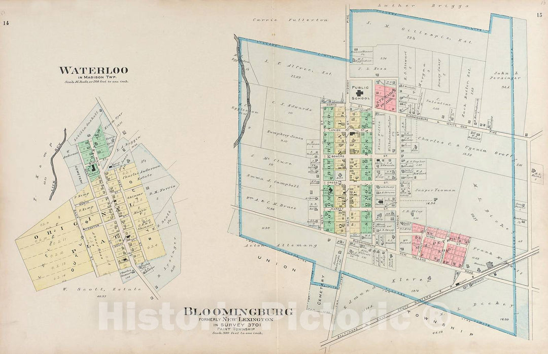 Historic 1913 Map - Plat Book of Fayette County, Ohio - Waterloo; Bloo ...