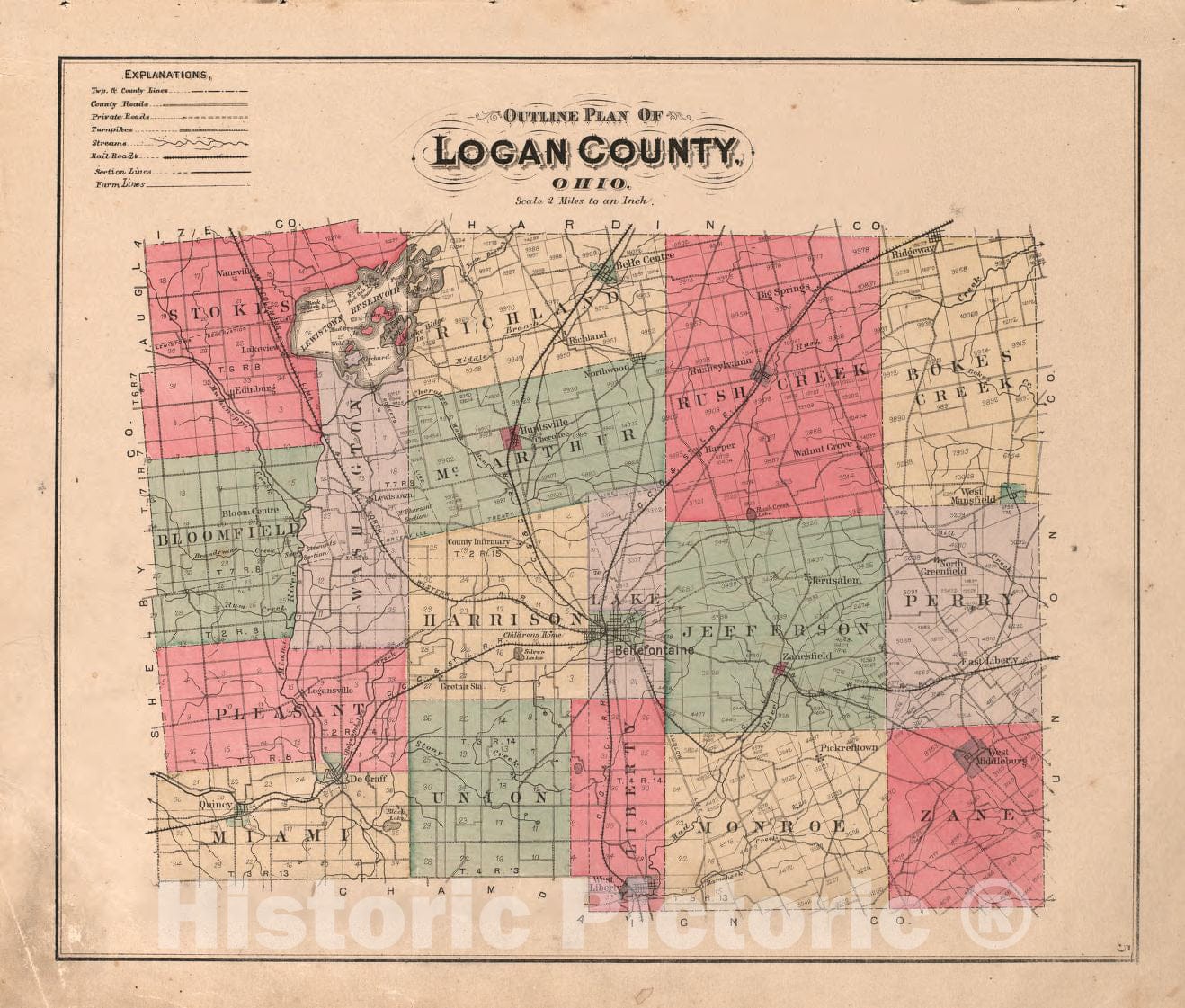 Historic 1890 Map - Atlas of Logan County, Ohio - Outline Map of Logan ...