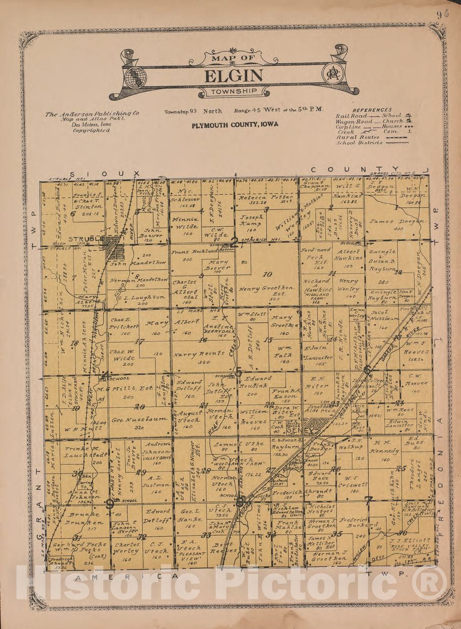 Historic 1921 Map - Atlas of Plymouth County, Iowa - Elgin Township ...