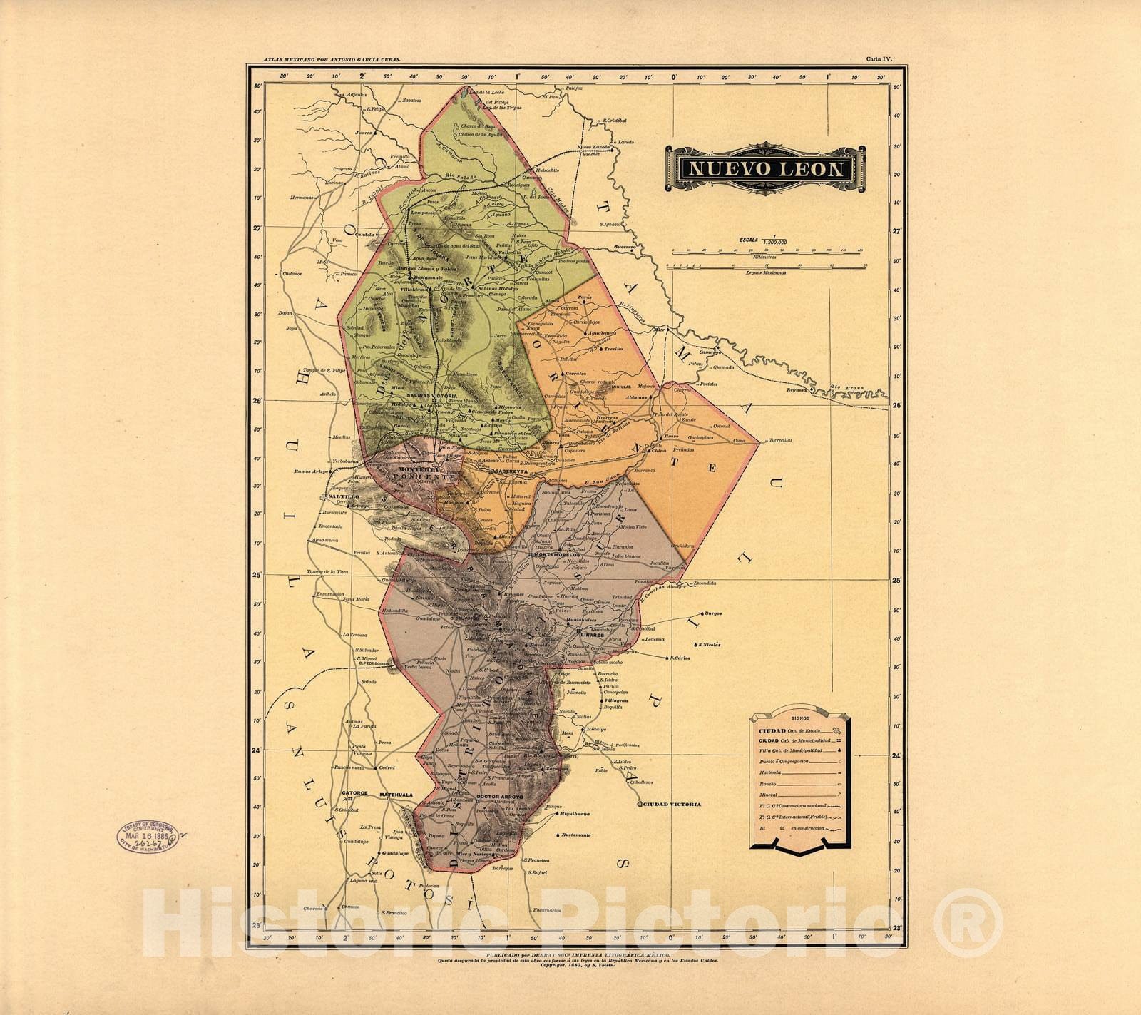 Historic 1884 Map - Atlas Mexicano. - Nuevo Leon – Historic Pictoric