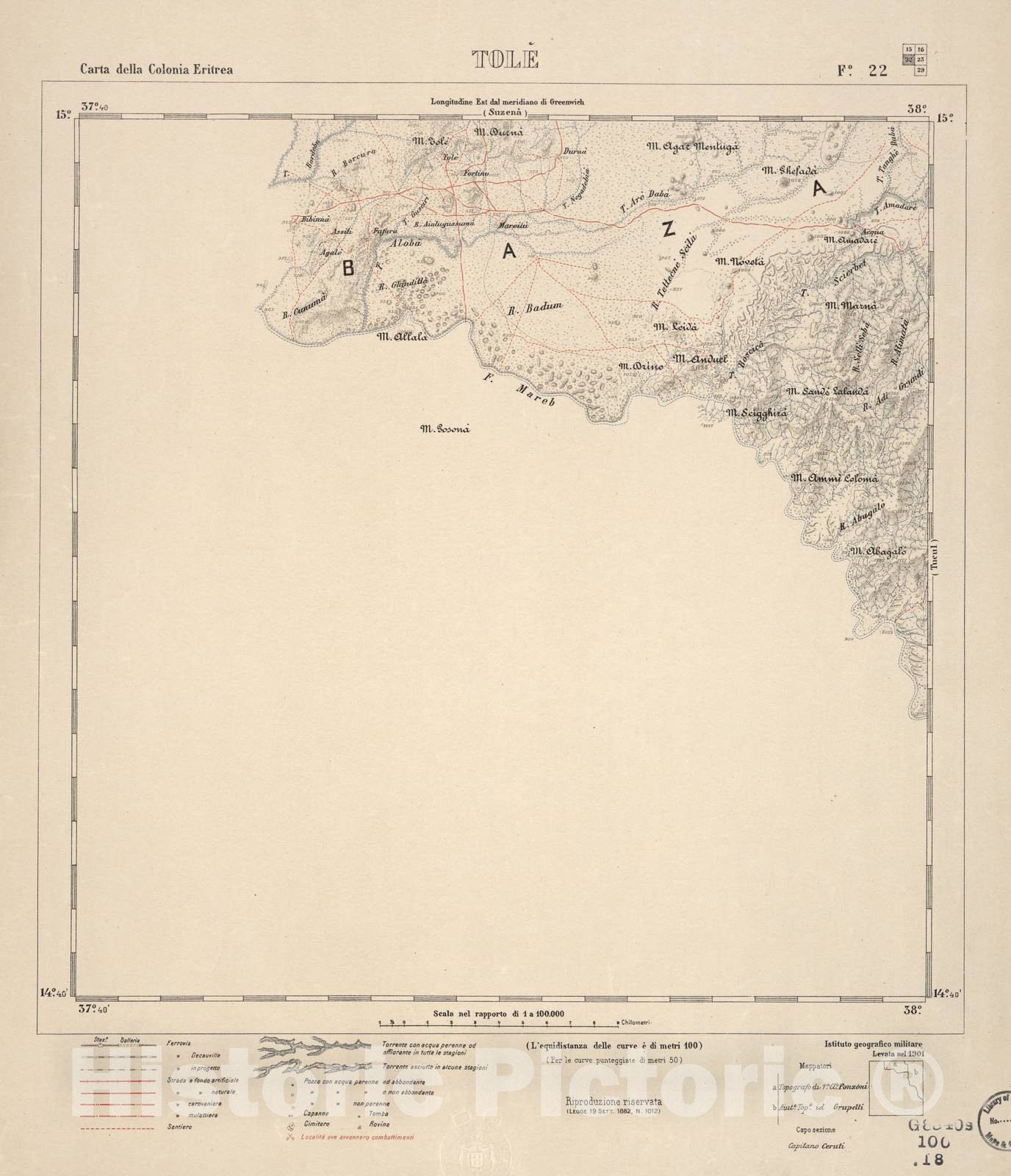 Historic 1889 Map - Carta Della Colonia Eritrea. - Tole - F.22-1882 ...