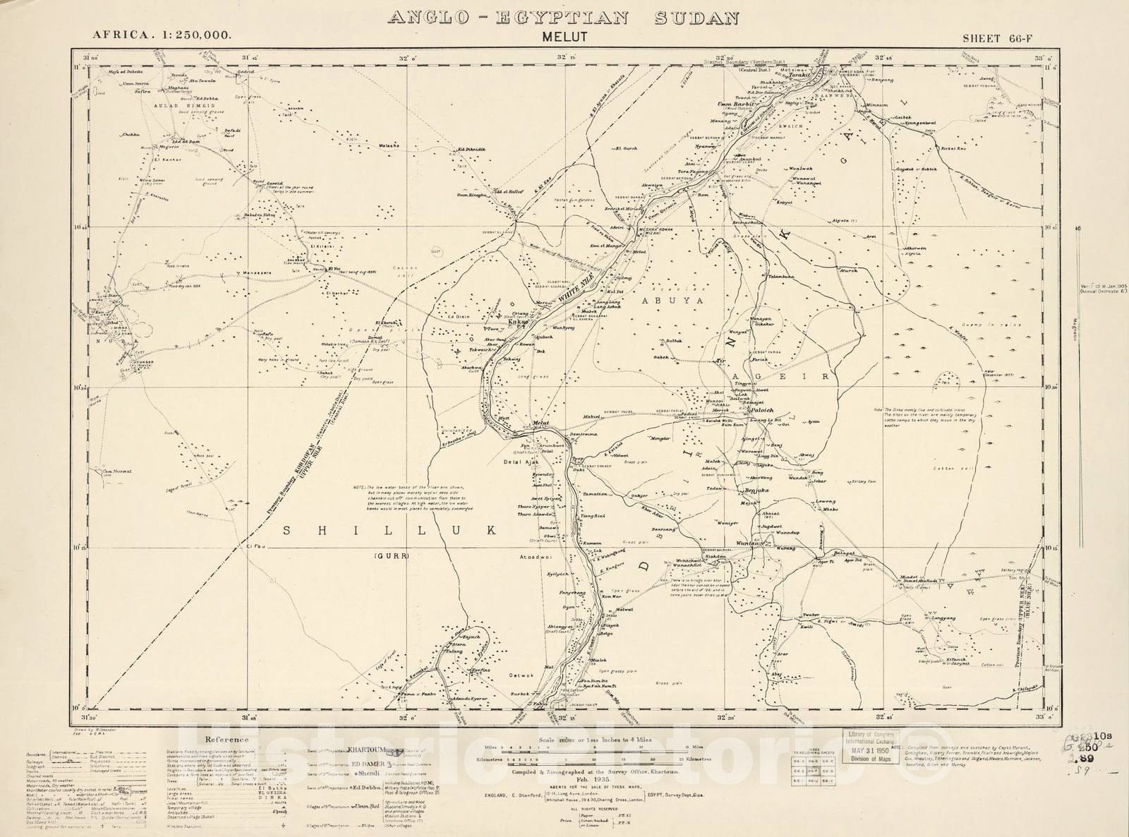 Historic 1909 Map - Sudan 1:250,000 - Melut Sheet 66-F Feb 1935 - Angl ...