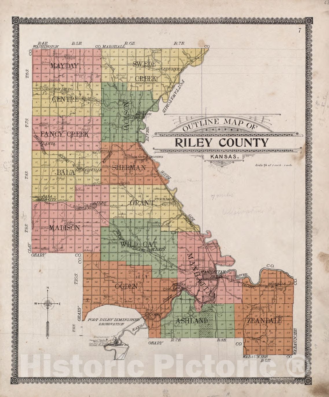 Historic 1909 Map - Standard Atlas of Riley County, Kansas - Outline m ...