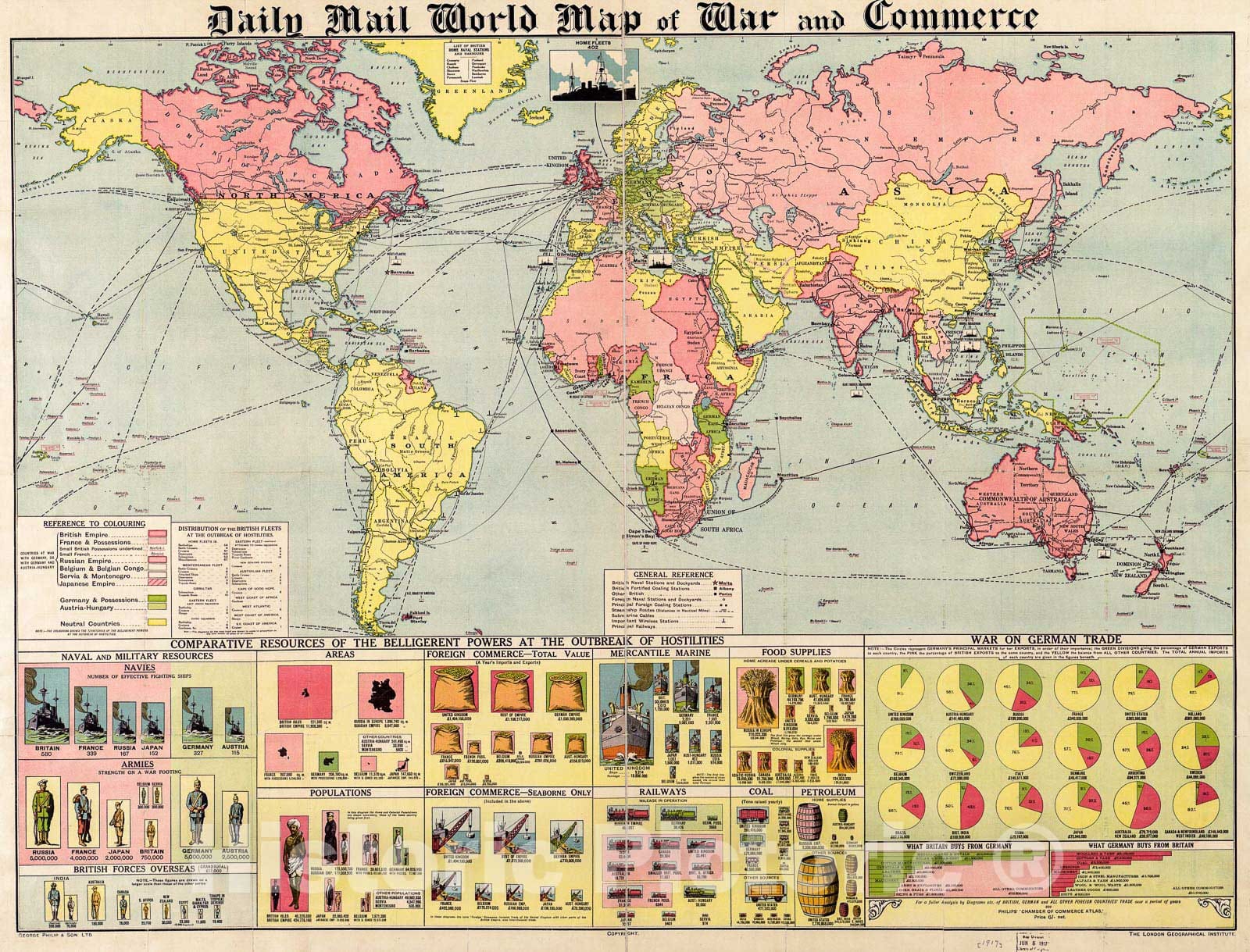 Historic 1917 Map - Daily Mail World map of war and Commerce - Historic ...
