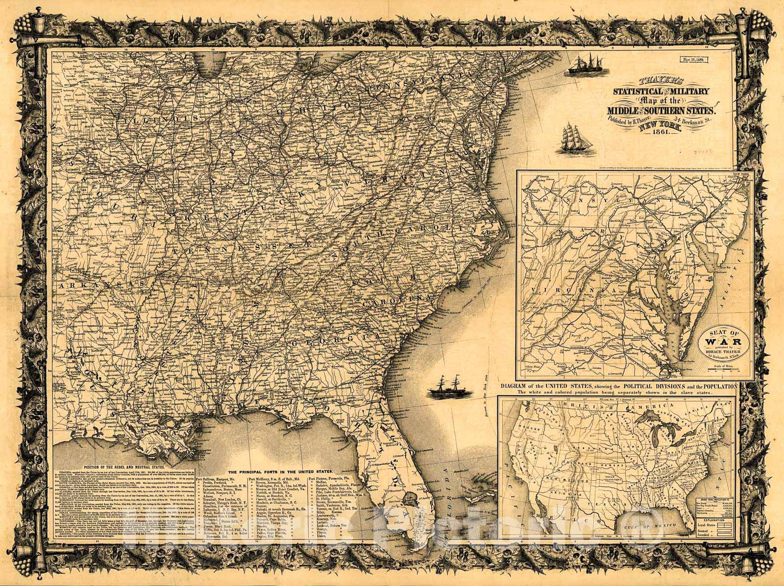 Historic 1861 Map - Thayer's Statistical and Military map of The Middl ...