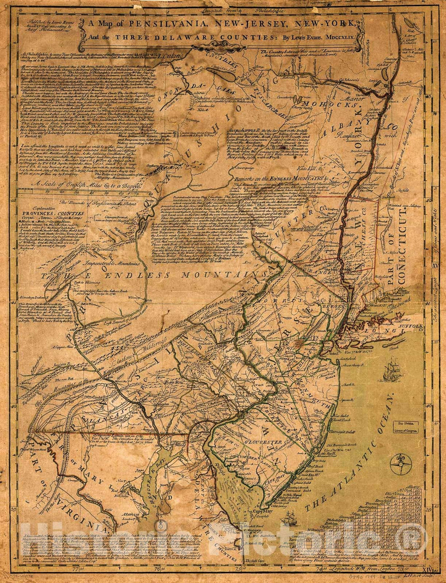 Historic 1749 Map - A map of Pensilvania, New-Jersey, New-York, and Th ...