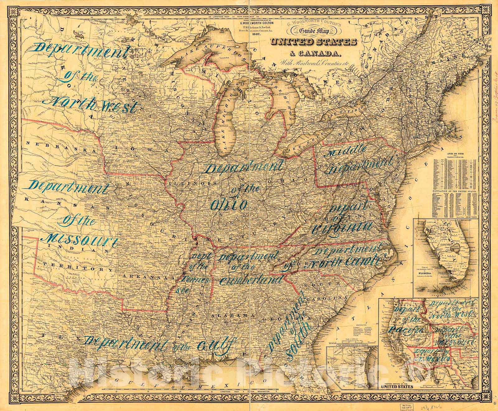 Historic 1862 Map - G. Woolworth Colton's New Guide map of The United ...