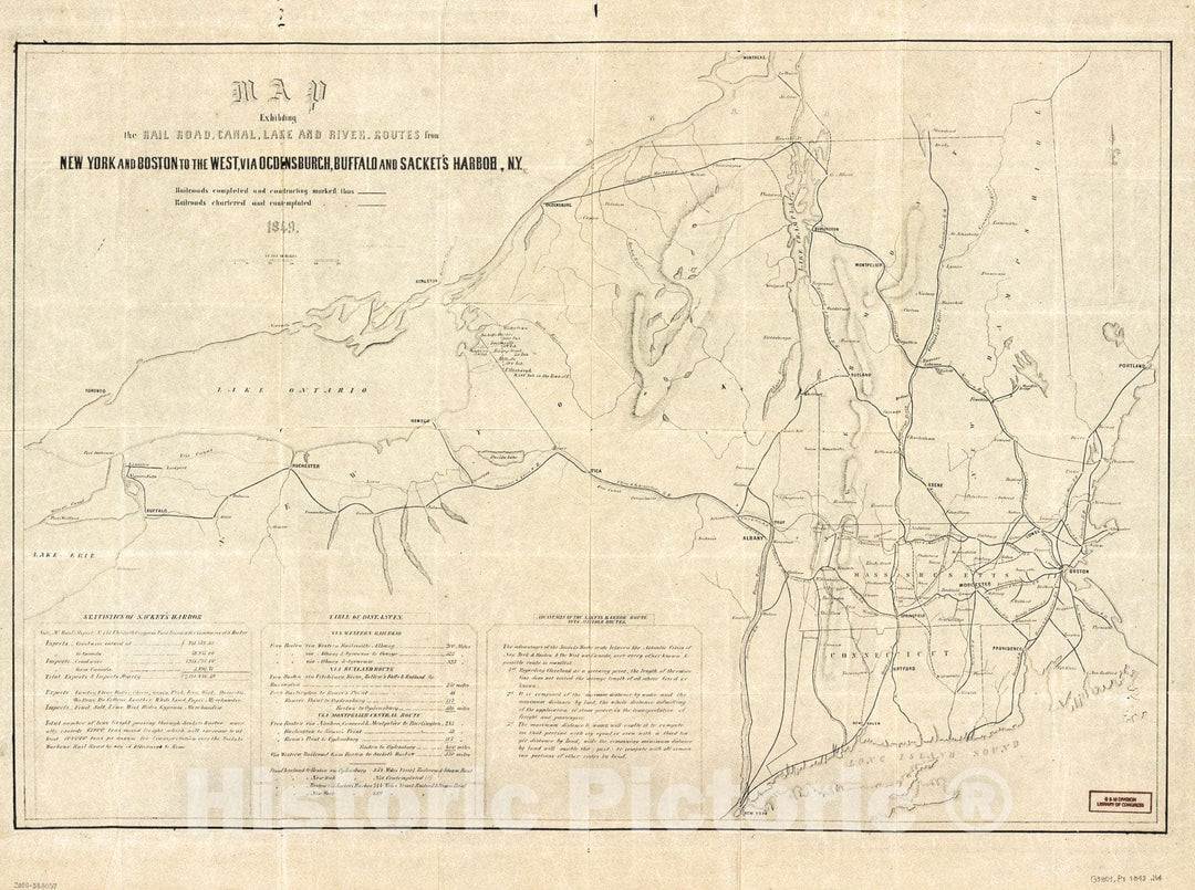 Historic 1849 Map - Map exhibiting The Rail Road, Canal, Lake, and Riv ...