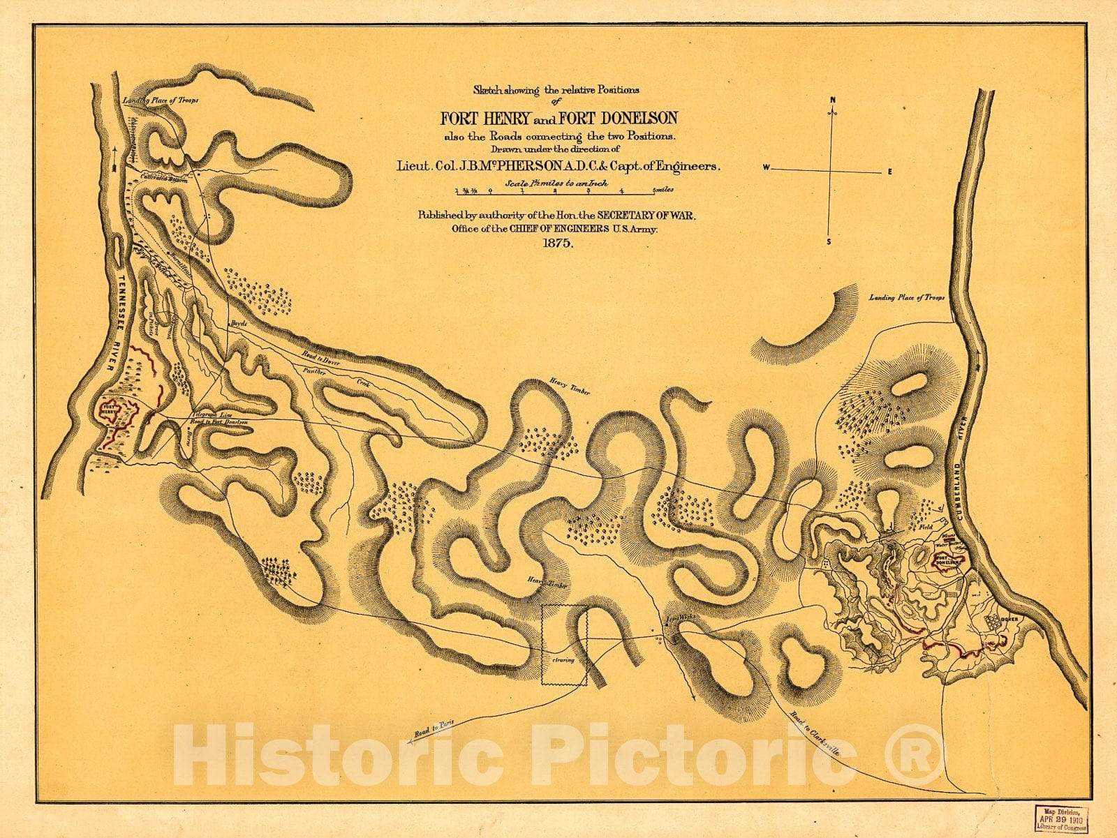 Historic 1875 Map - Sketch Showing The Relative Positions of Fort Henr ...