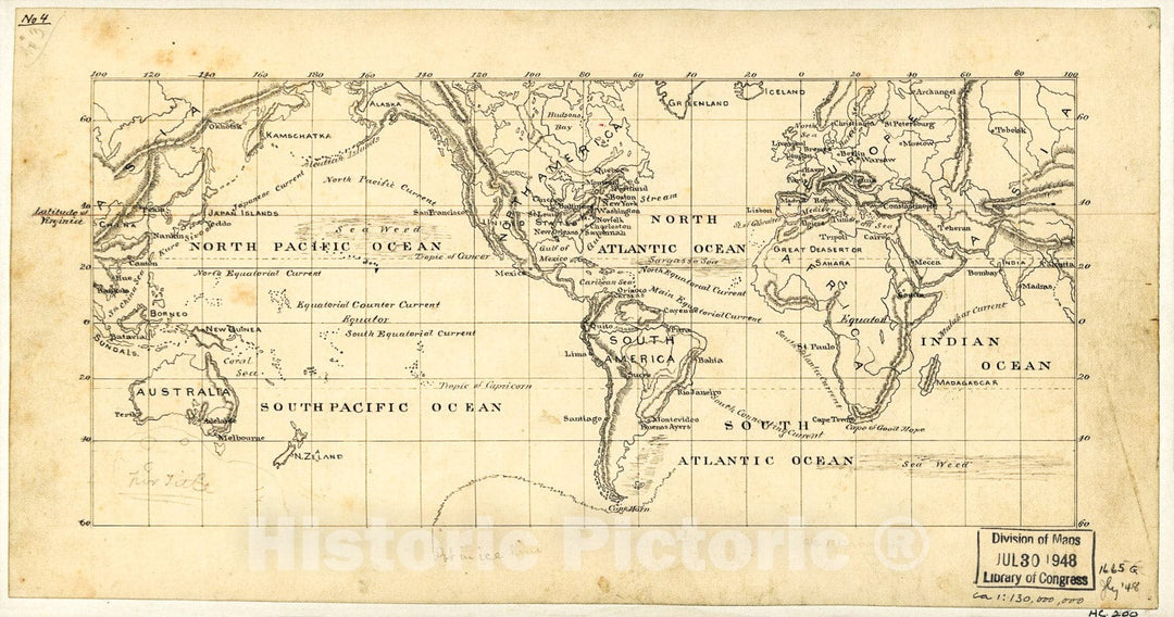 Historic 1875 Map - Map of The World on The Mercator Projection ...