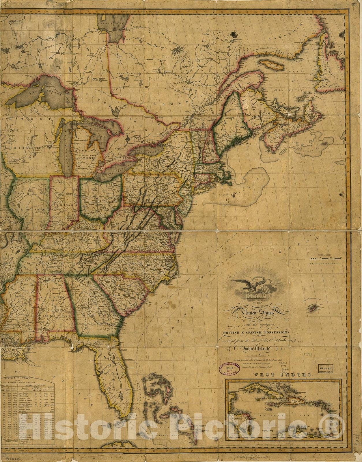 Historic 1818 Map - Map of The United States of America : with The con ...