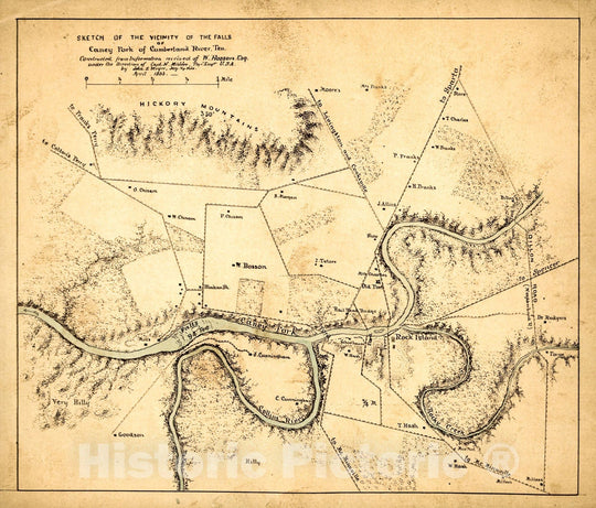 Historic 1863 Map - Sketch of The Vicinity of The Falls of Caney Fork ...
