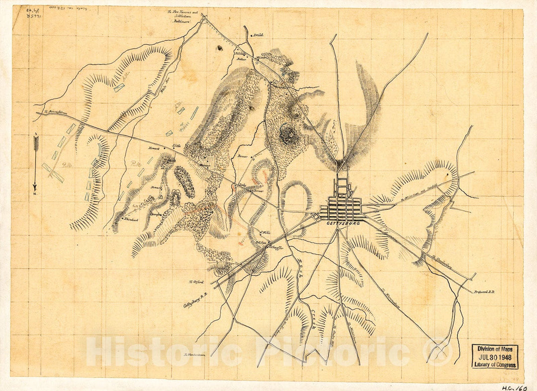 Historic 1863 Map - Preliminary Sketch of The Battle of Gettysburg Sho ...