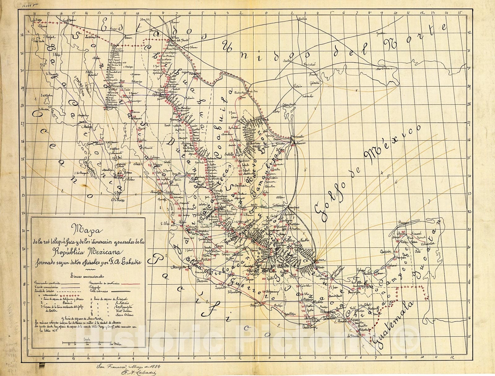 Historic 1884 Map - Mapa de la red telegrÃ¡fica y de Los itinerarios g ...