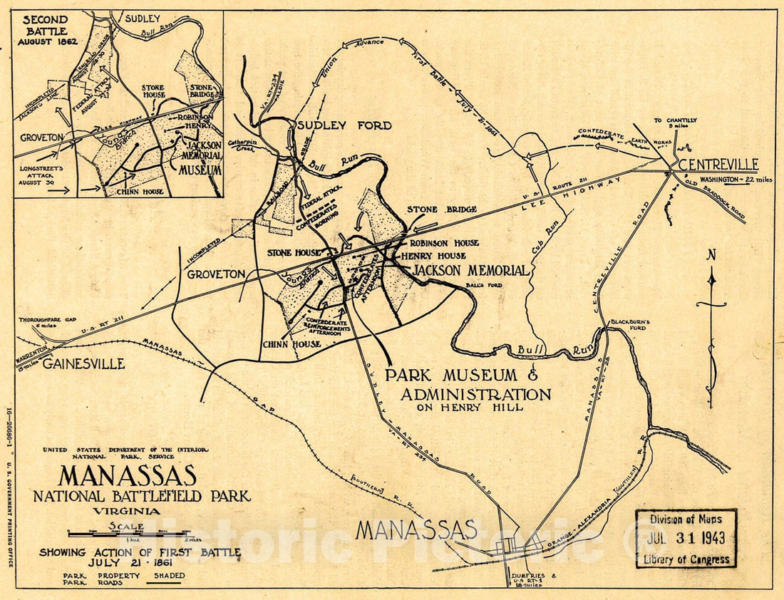 Historic 1943 Map - Manassas National Battlefield Park, Virginia. Show ...