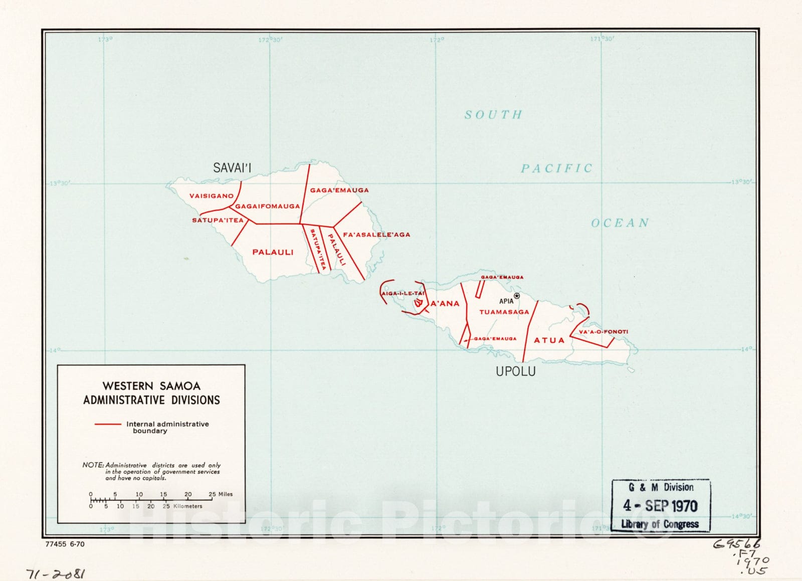 Historic 1970 Map - Western Samoa: Administrative divisions. 6-70 ...