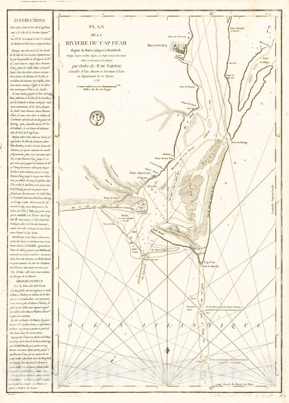 Historic 1780 Map - Plan de la riviÃ¨re du Cap Fear Depuis la Barre ju ...