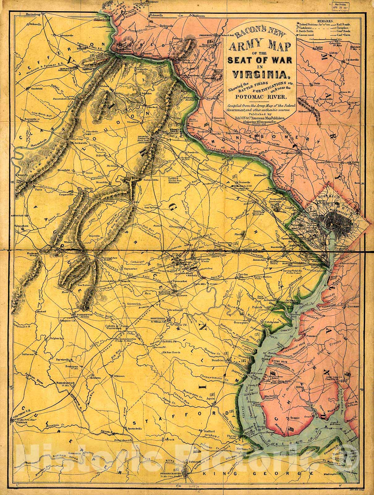 Historic 1862 Map - Bacon's New Army map of The seat of war in Virgini ...