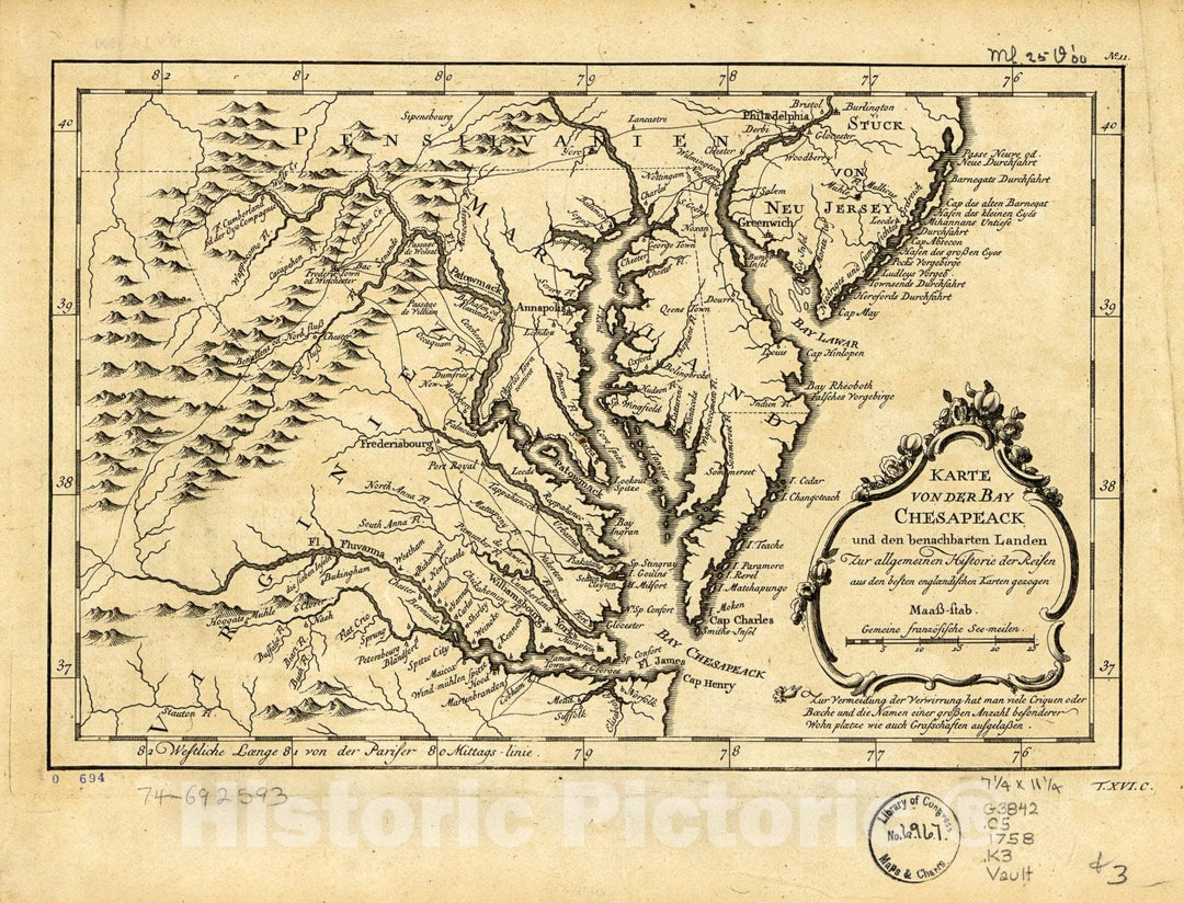 Historic 1758 Map - Karte von der Bay Chesapeack und den benachbarten ...