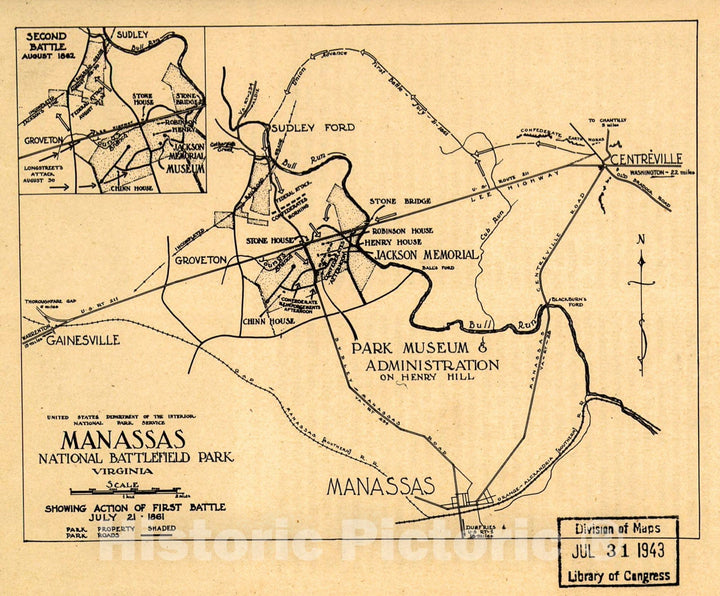 Historic 1942 Map - Manassas National Battlefield Park, Virginia. Show ...