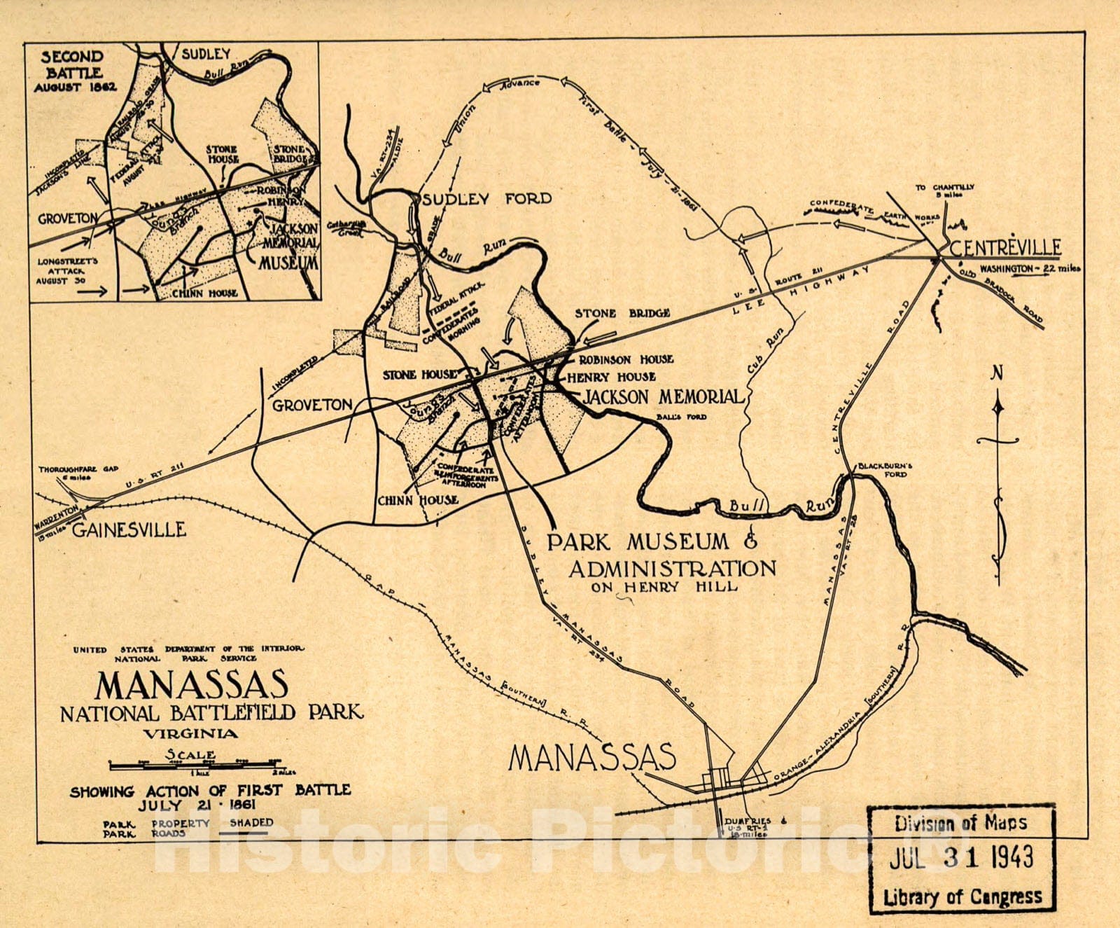Historic 1942 Map - Manassas National Battlefield Park, Virginia. Show ...