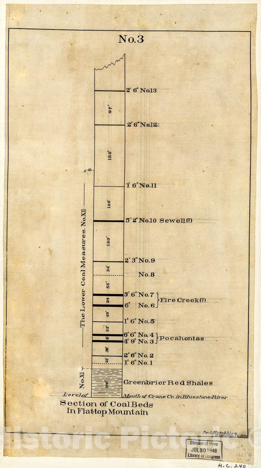 Historic 1896 Map - Section of Coal beds in Flat-top Mountain ...