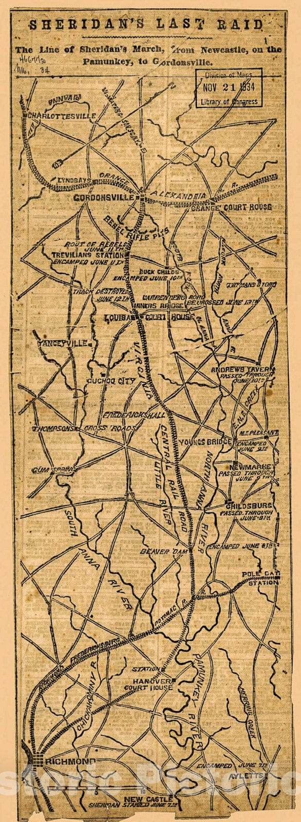 Historic 1864 Map - Sheridan's Last raid. The line of Sheridan's March ...
