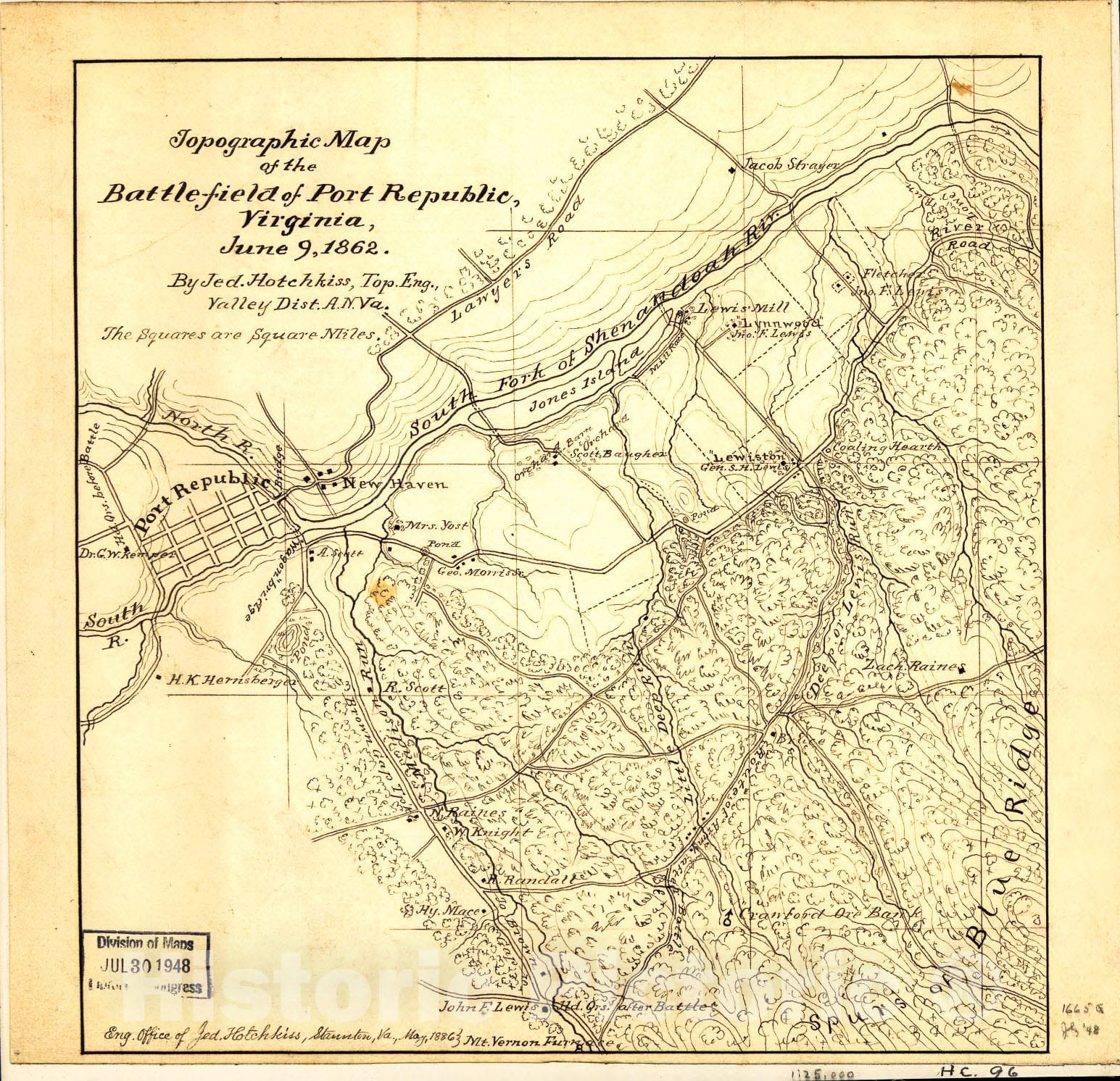 Historic 1886 Map - Topographic map of The Battle-Field of Port Republ ...