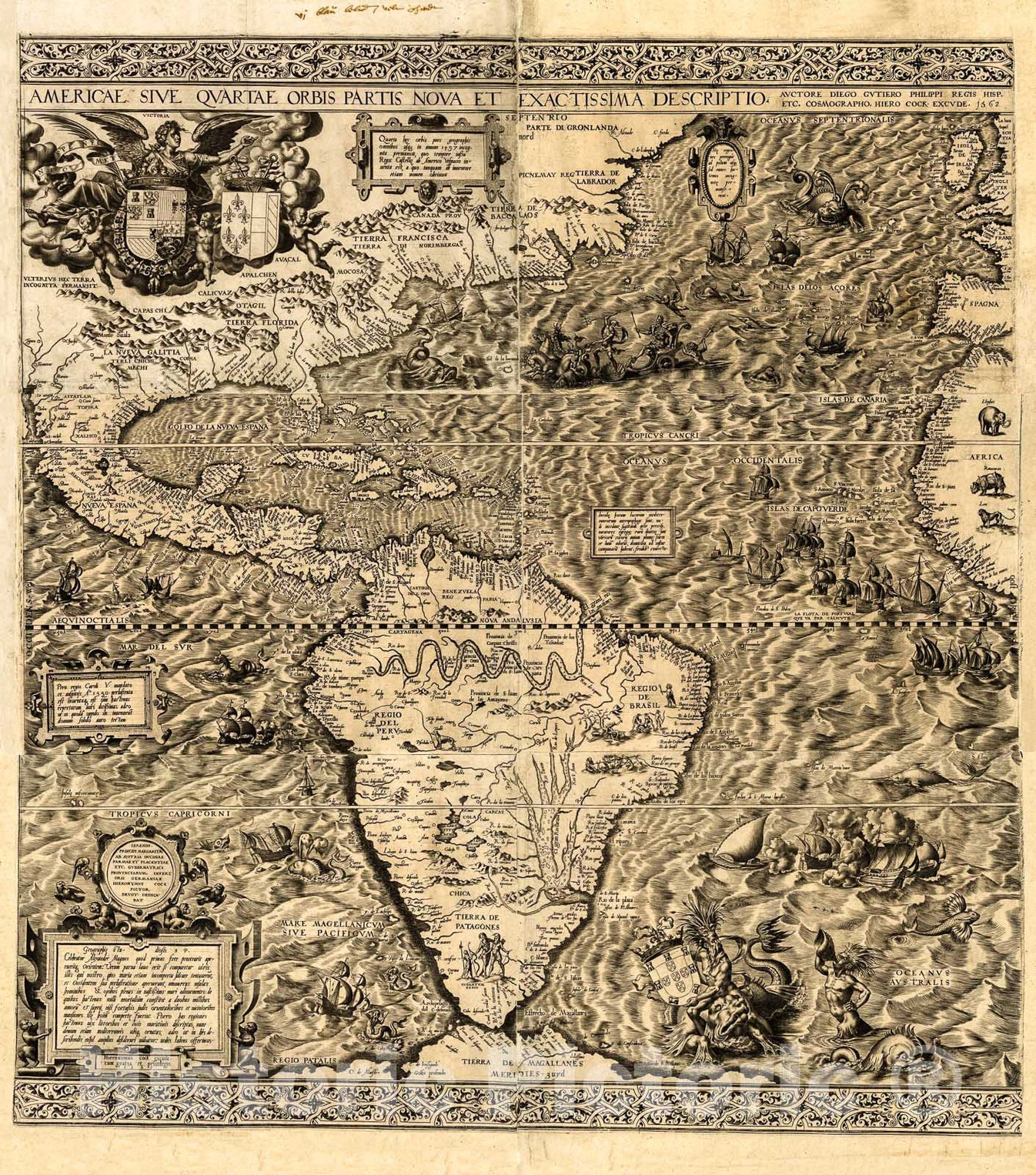Historic 1562 Map - Americae sive qvartae orbis partis nova et exactis ...