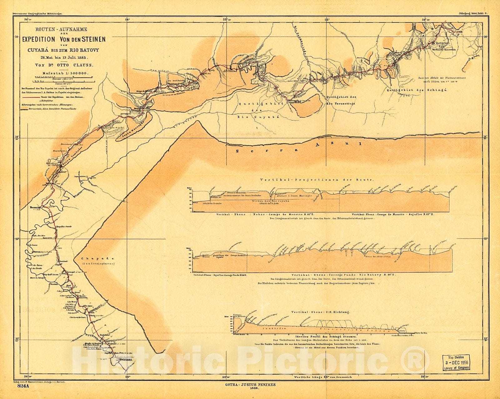 Historic 1883 Map - Routen-aufnahme der Expedition Von den Steinen von ...