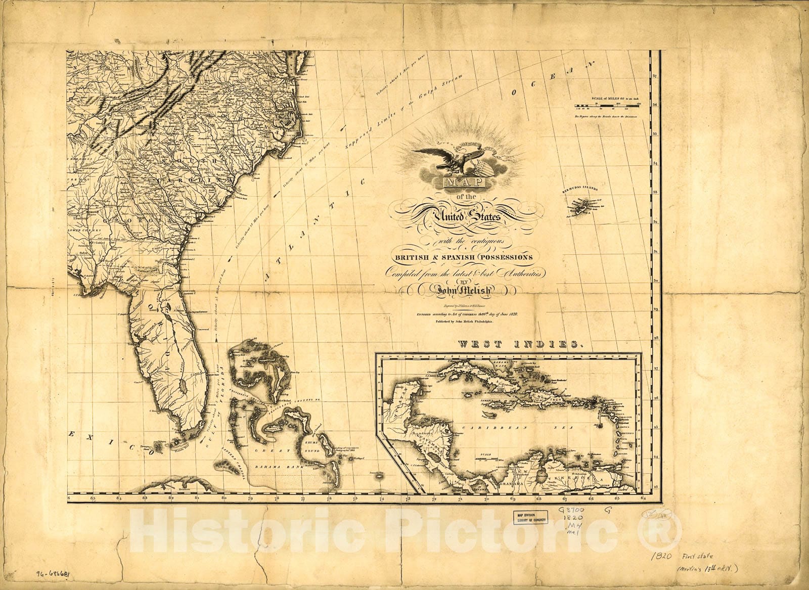 Historic 1820 Map - Map of The United States of America : with The con ...