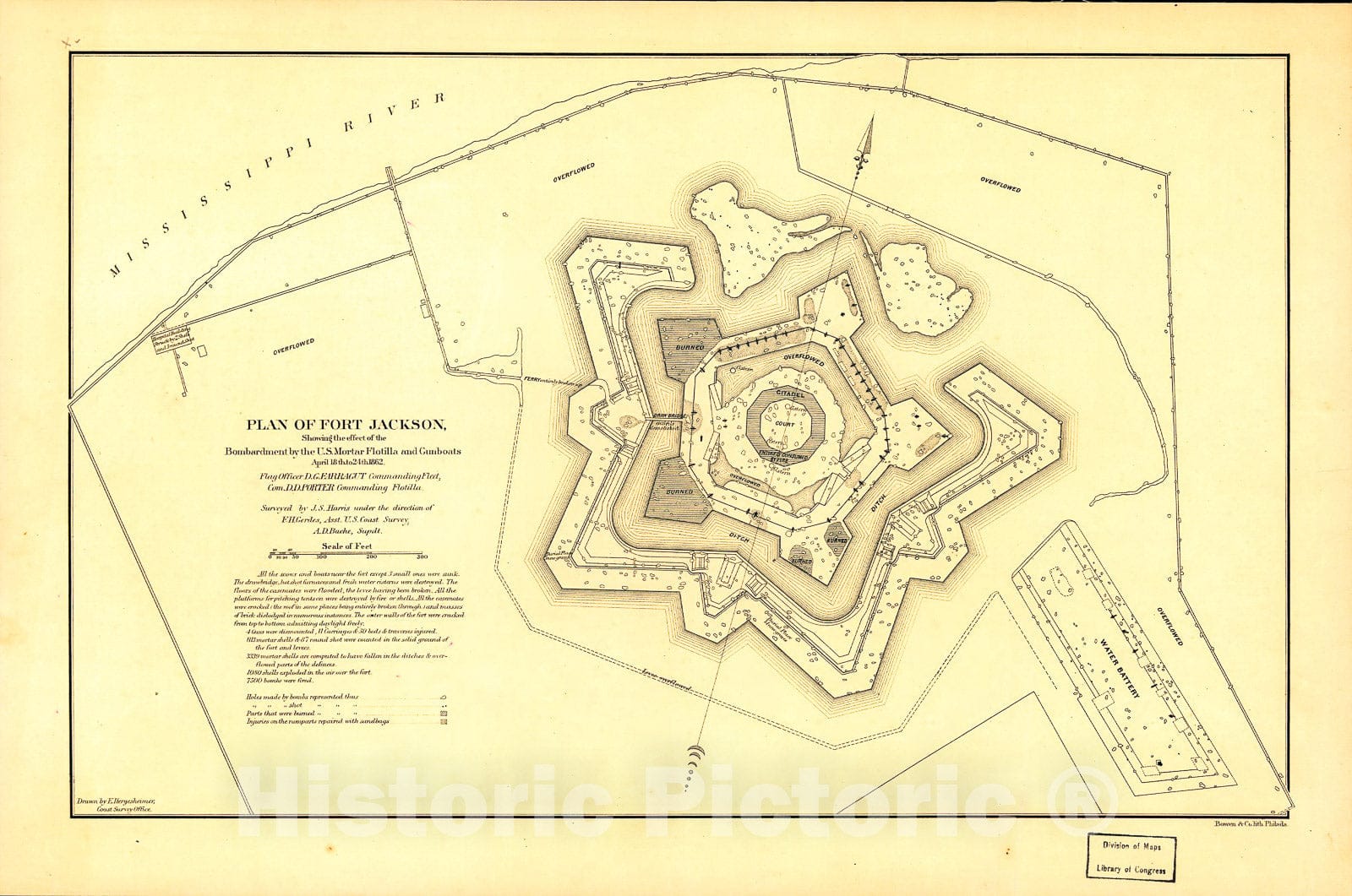 Historic 1862 Map - Plan of Fort Jackson, Showing The Effect of The Bo ...