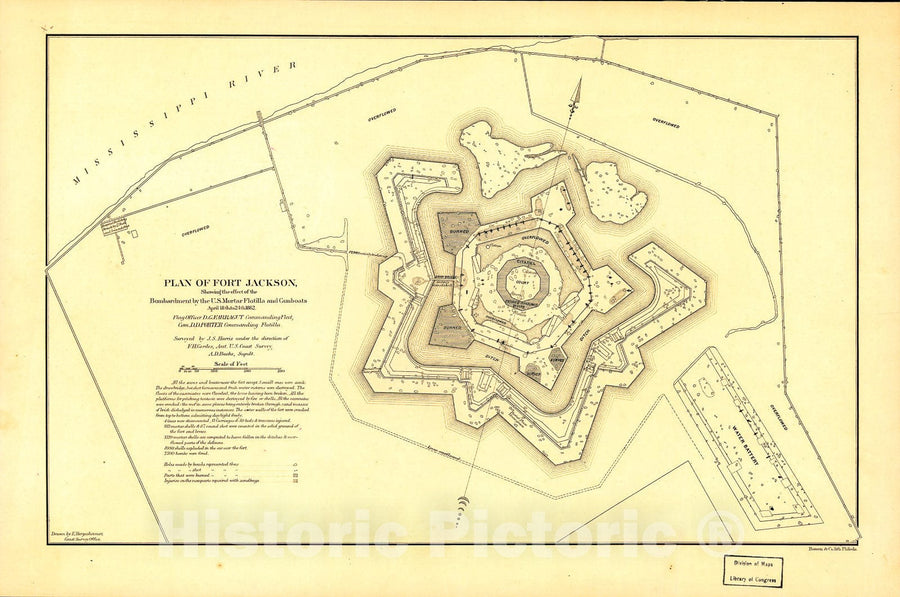 Historic 1862 Map - Plan of Fort Jackson, Showing The Effect of The Bo ...