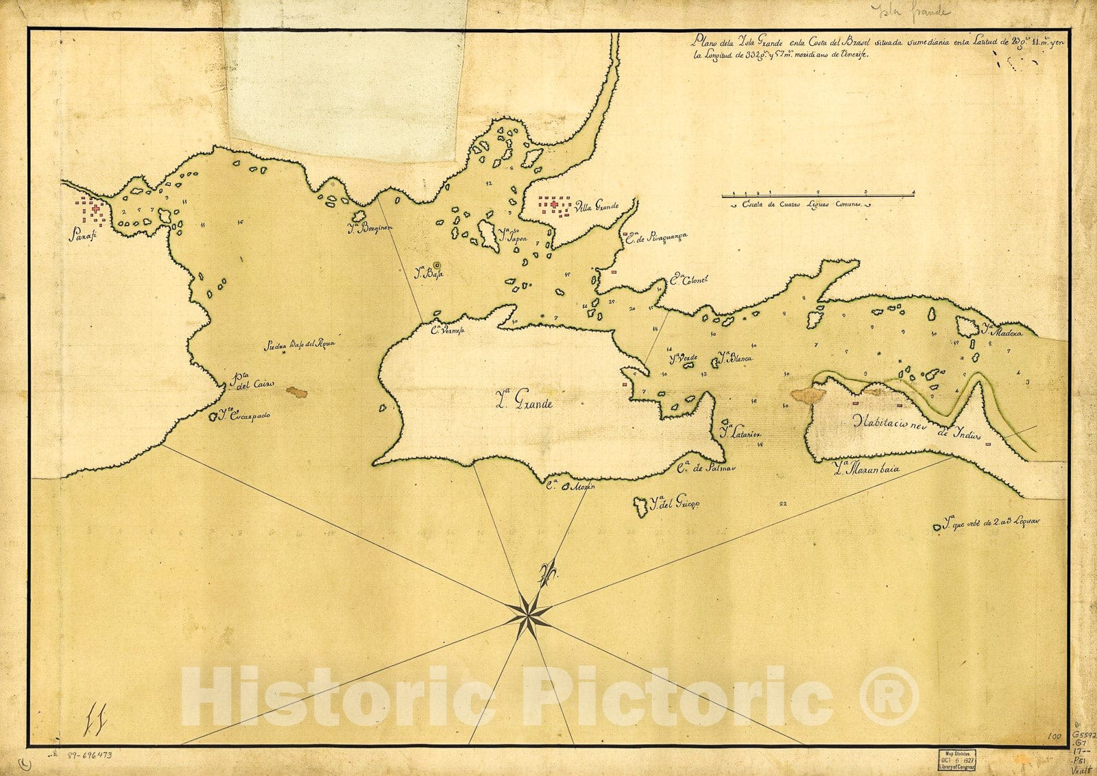 Historic 1700 Map - Plano de la Isla Grande en la Costa del Brasil sit ...