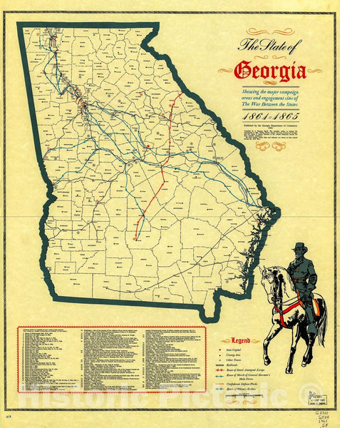 Historic 1961 Map - The State of Georgia, Showing The Major Campaign A ...