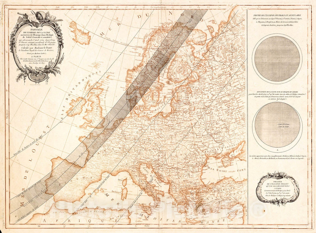 Historic 1764 Map - Passage de l'ombre de la Lune au Travers de l'Euro ...
