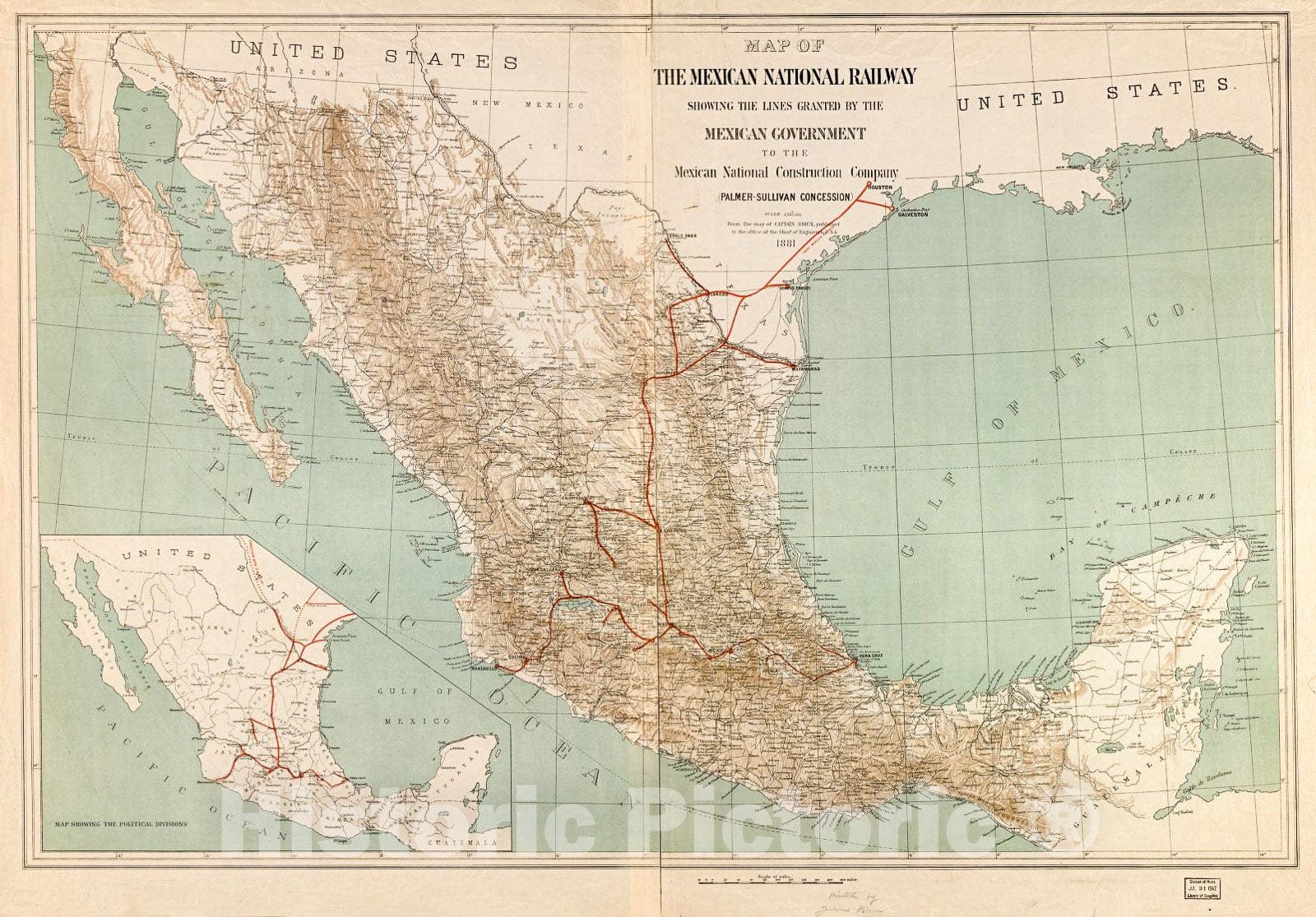 Historic 1881 Map - Map of The Mexican National Railway Showing The Li ...