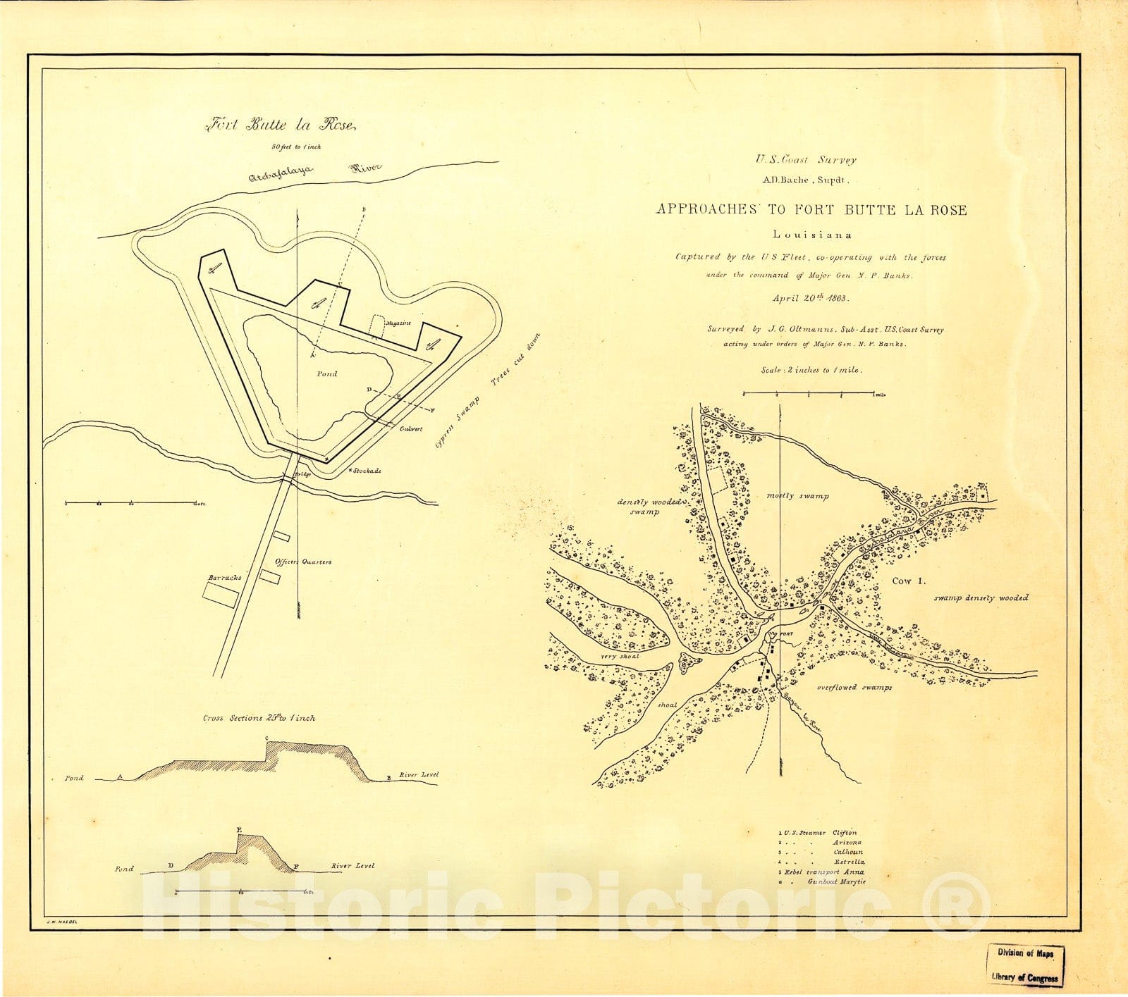 Historic 1863 Map - Approaches to Fort Butte La Rose, Louisiana ...