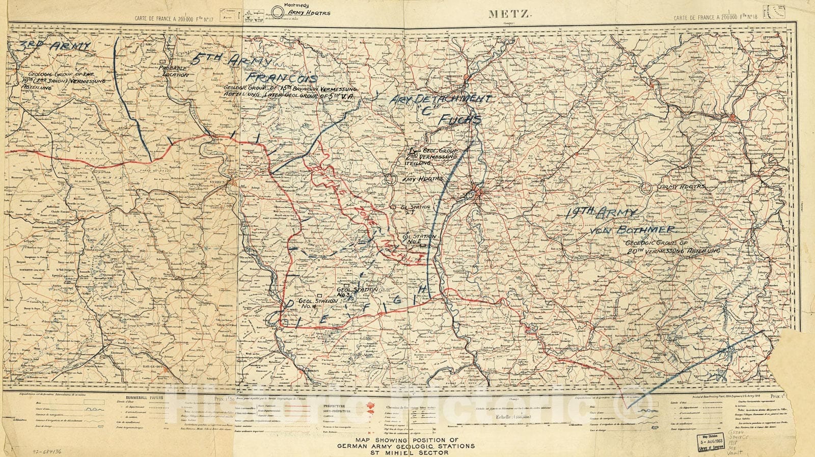 Historic 1918 Map - Map Showing Position of German Army geologic Stati ...