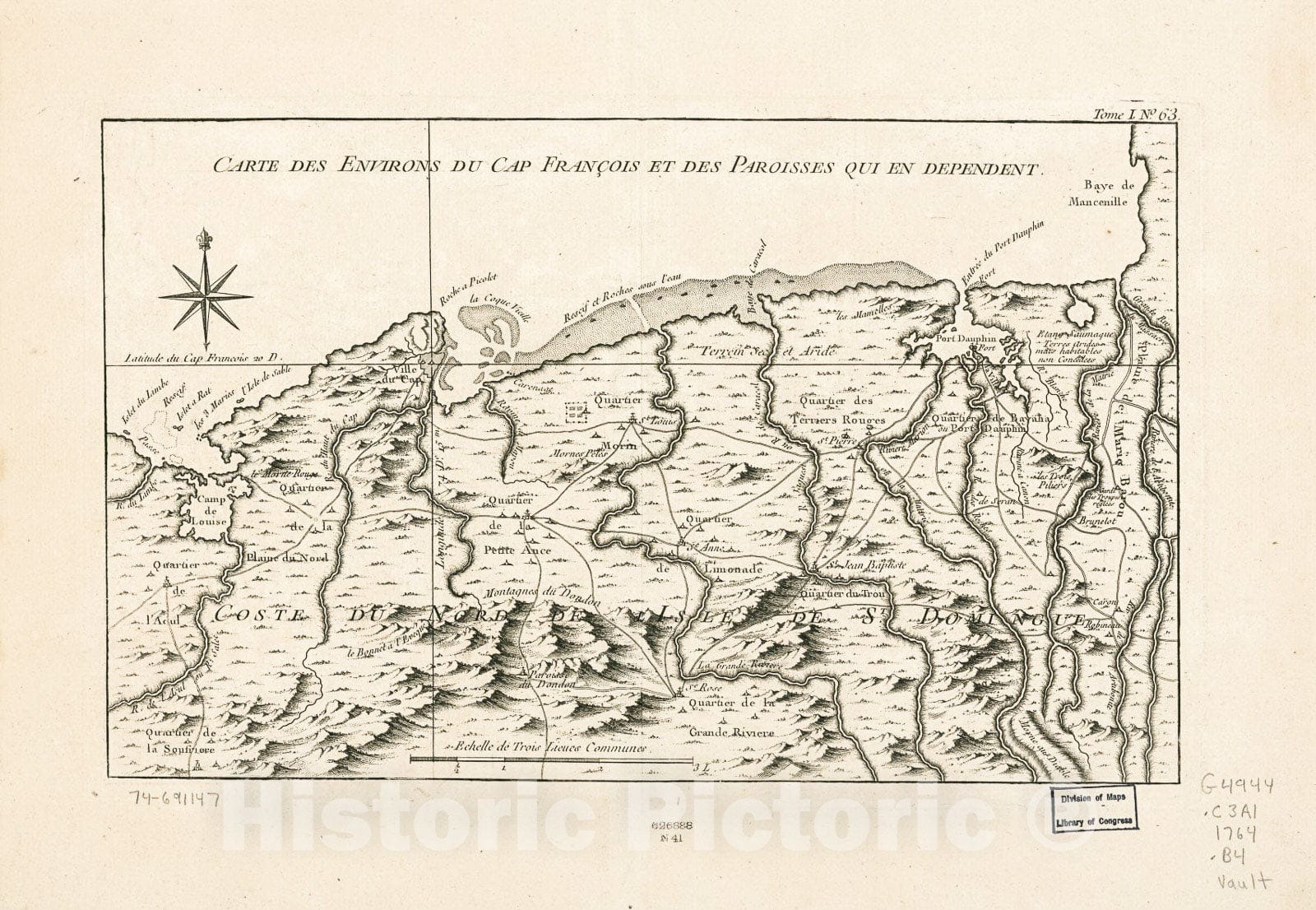 Historic 1764 Map - Carte des Environs du Cap FranÃ§ois et des paroiss ...