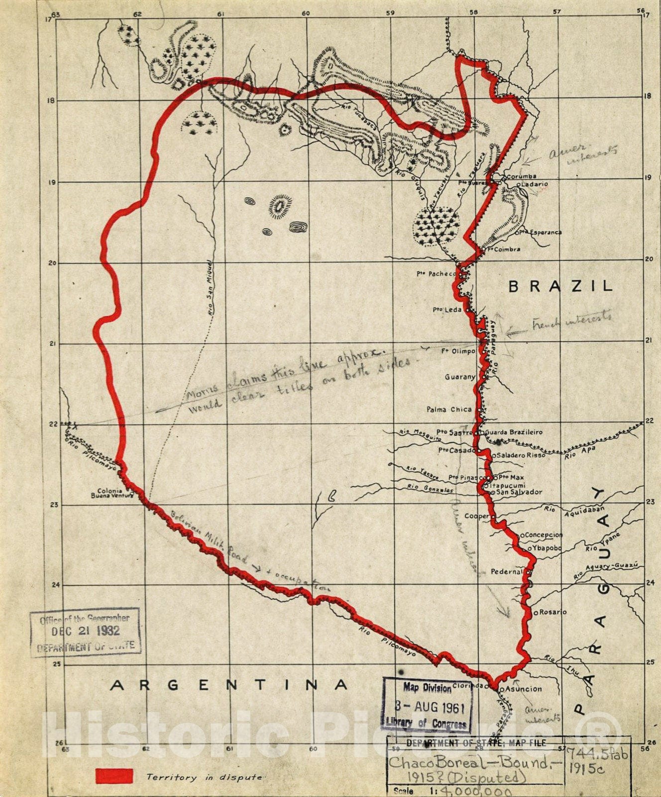 Historic 1915 Map - Brazil and Bolivia Boundary – Historic Pictoric